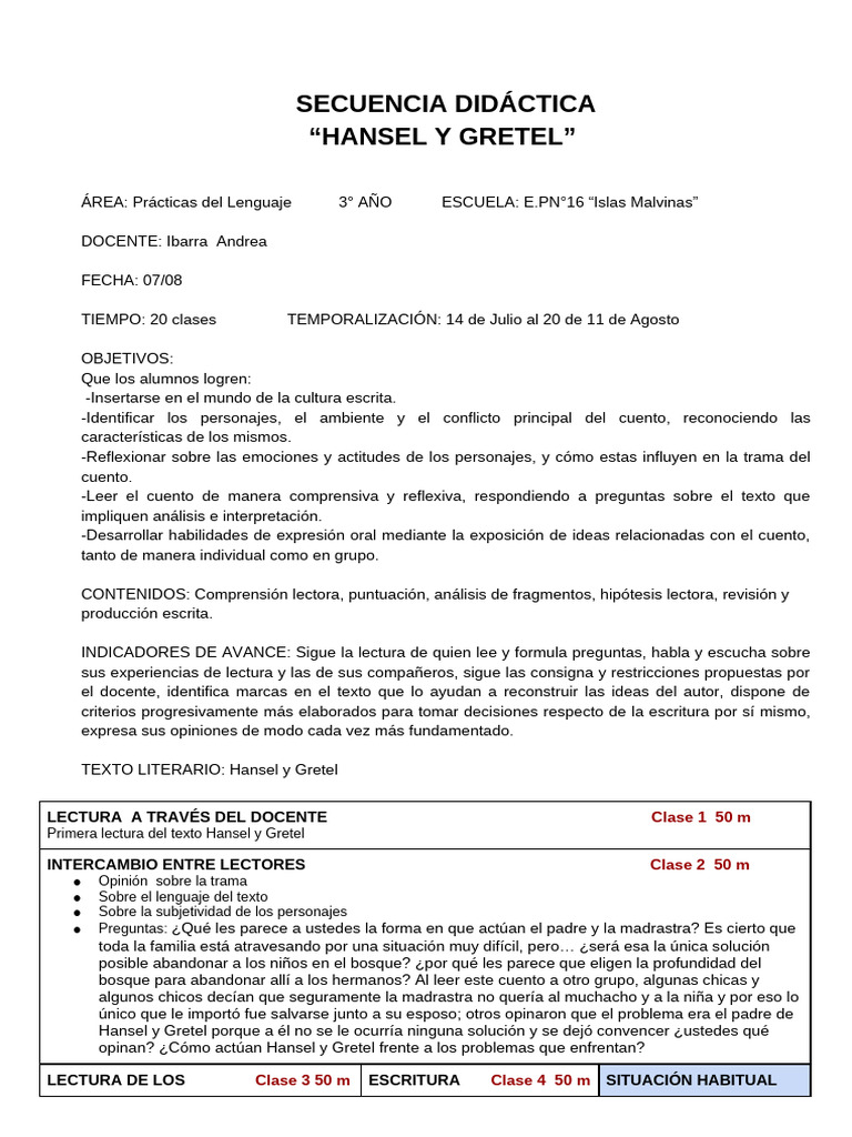 Secuencia Didáctica: Hansel y Gretel | PDF | Hansel y Gretel ...