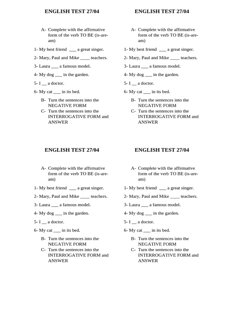 English Test on Verb "To Be" | PDF