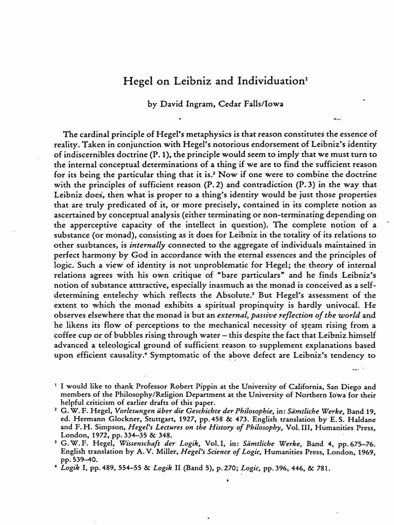 Hegel on Leibniz and Individuation (D. Ingram) | PDF | Immanuel Kant | Georg Wilhelm Friedrich Hegel