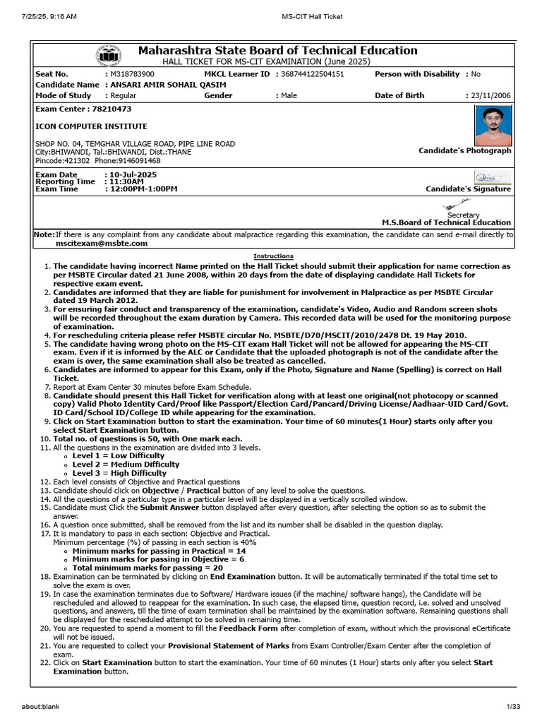 MS-CIT Exam Hall Ticket 2025 | PDF | Identity Document | Computing