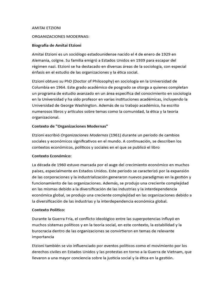 Biografía y Teoría de Amitai Etzioni | PDF | Sociedad | Burocracia