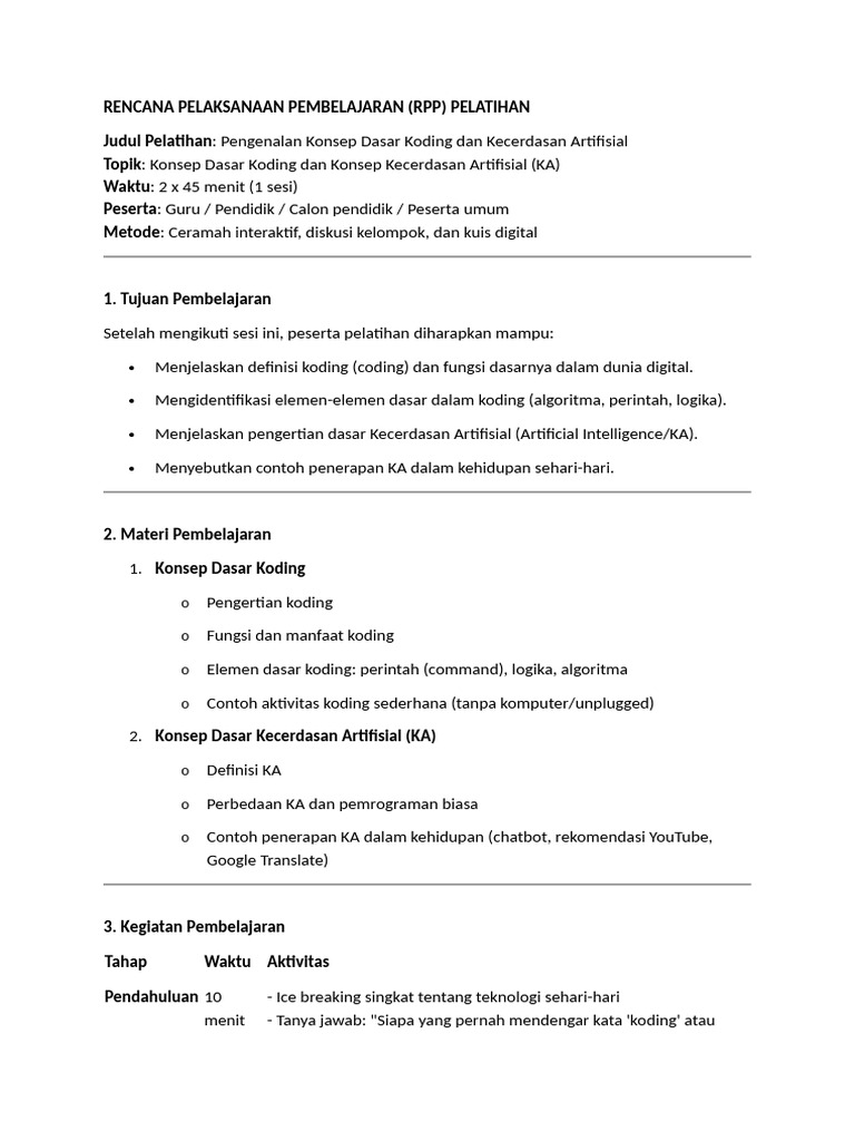 Rencana Pelaksanaan Pembelajaran Koding | PDF