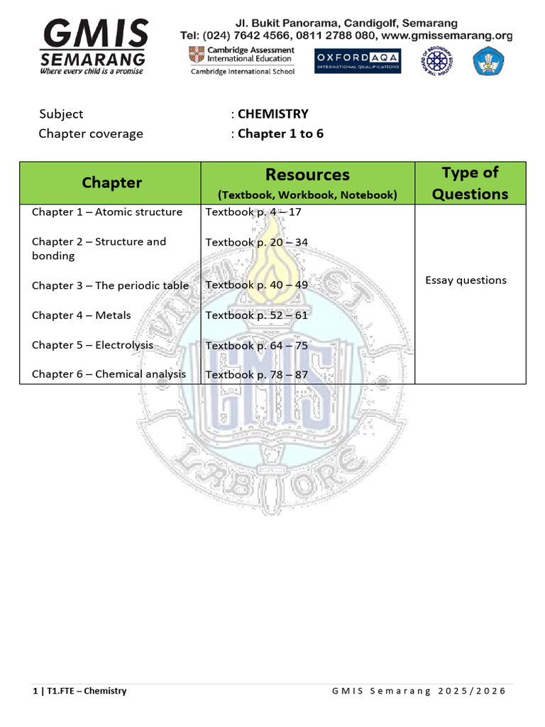 G9 Chemistry FTE1 Guideline 2025.2026 | PDF
