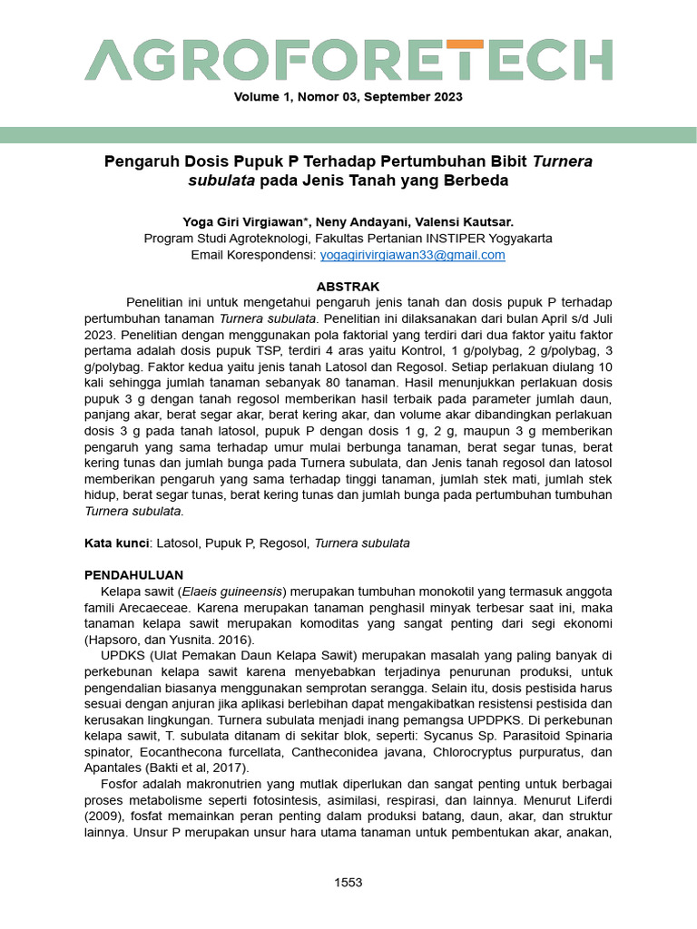 Dosis Pupuk P dan Pertumbuhan Turnera Subulata | PDF