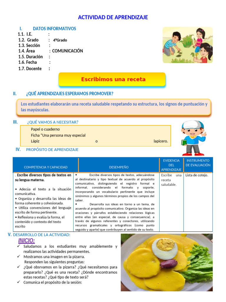 D3 A2 SESION COM. Escribimos Una Receta | PDF | Puntuación | Aprendizaje