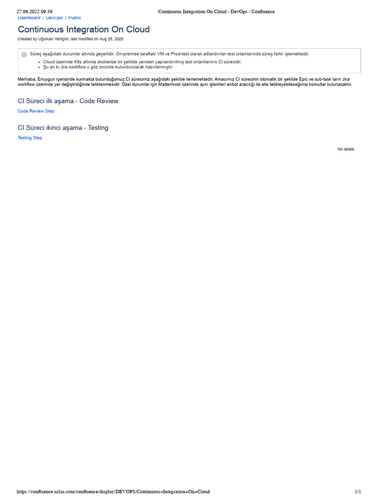 Continuous Integration On Cloud - DevOps - Confluence | PDF