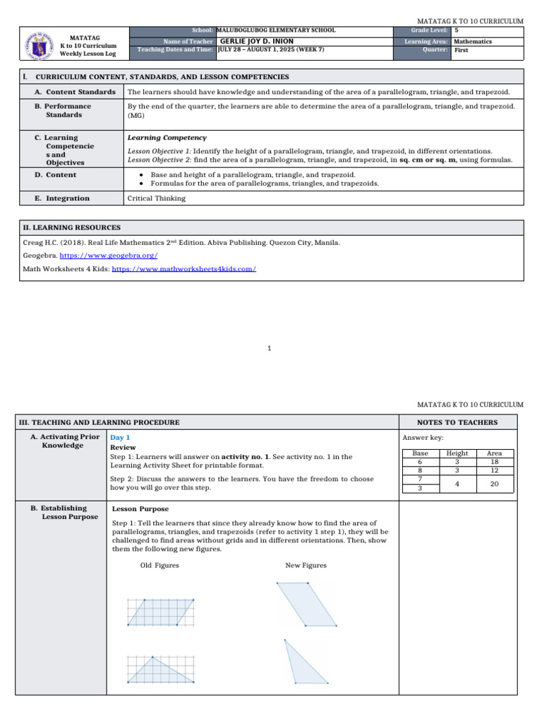 Area of Shapes: Lesson Plan | PDF | Area | Triangle