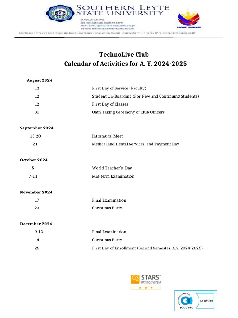 Calendar of Activities (BTLEd) | PDF