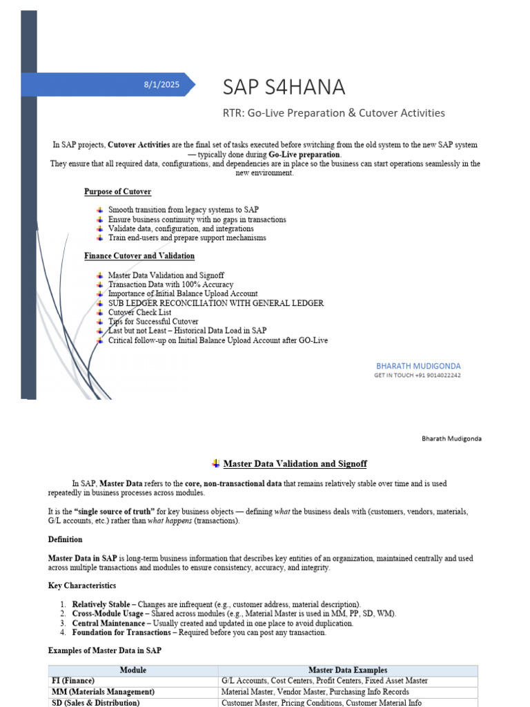 SAP S4Hana RTR - GO-Live Preparation & Cutover by Bharath M | PDF ...