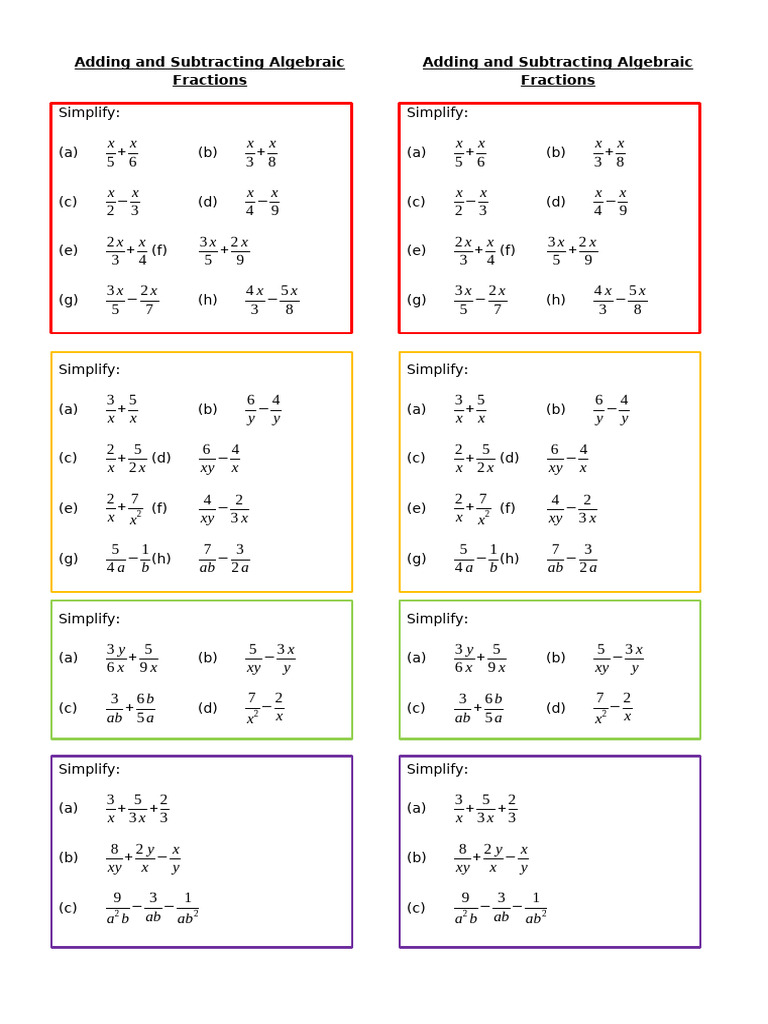 Adding and Subtracting Algebraic Fractions Practice Questions | PDF