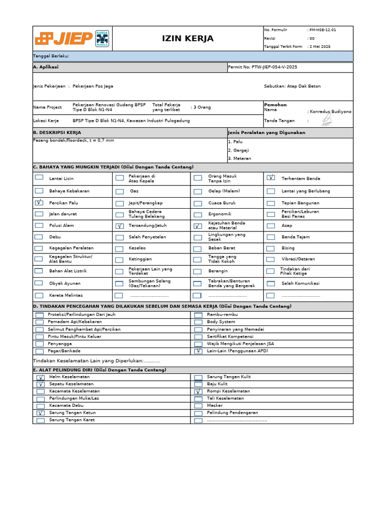 Izin Kerja Renovasi Atap BPSP 2025 | PDF