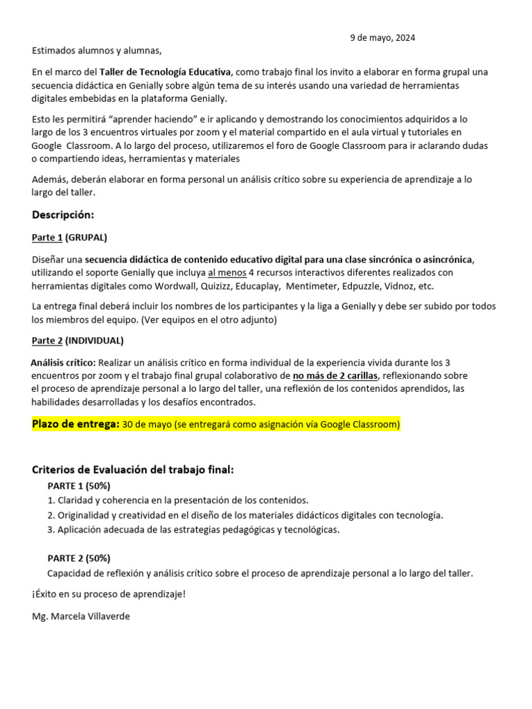 Instrucciones Trabajo Final Taller de Tecnologia Educativa | PDF