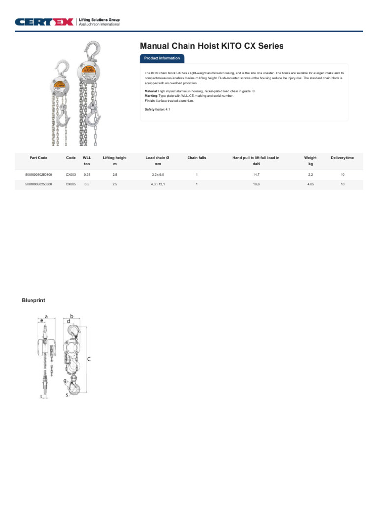 Manual Chain Hoist KITO CX Series | PDF