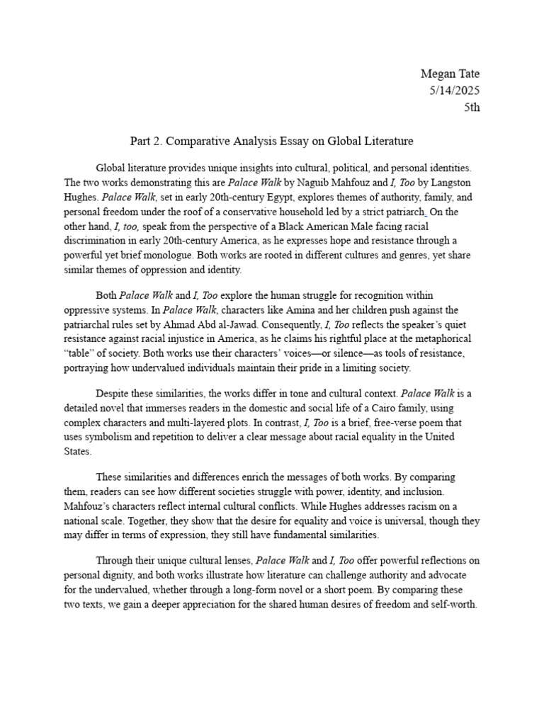 Part 2. Comparative Analysis Essay On Global Literature | PDF