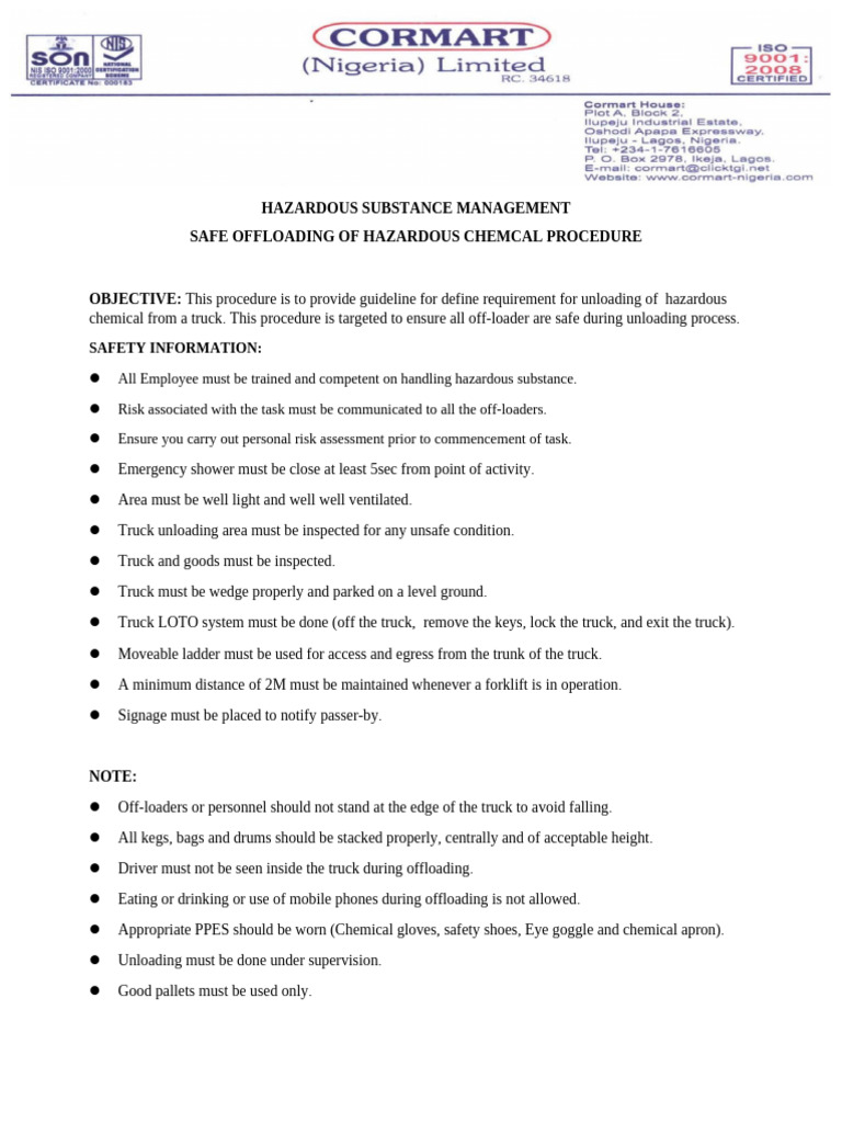 Safe Hazardous Chemical Unloading Guide | PDF | Personal Protective ...