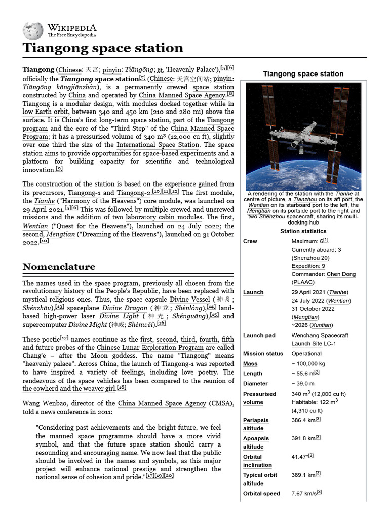 Tiangong Space Station - Wikipedia | PDF | Space Station | Human ...