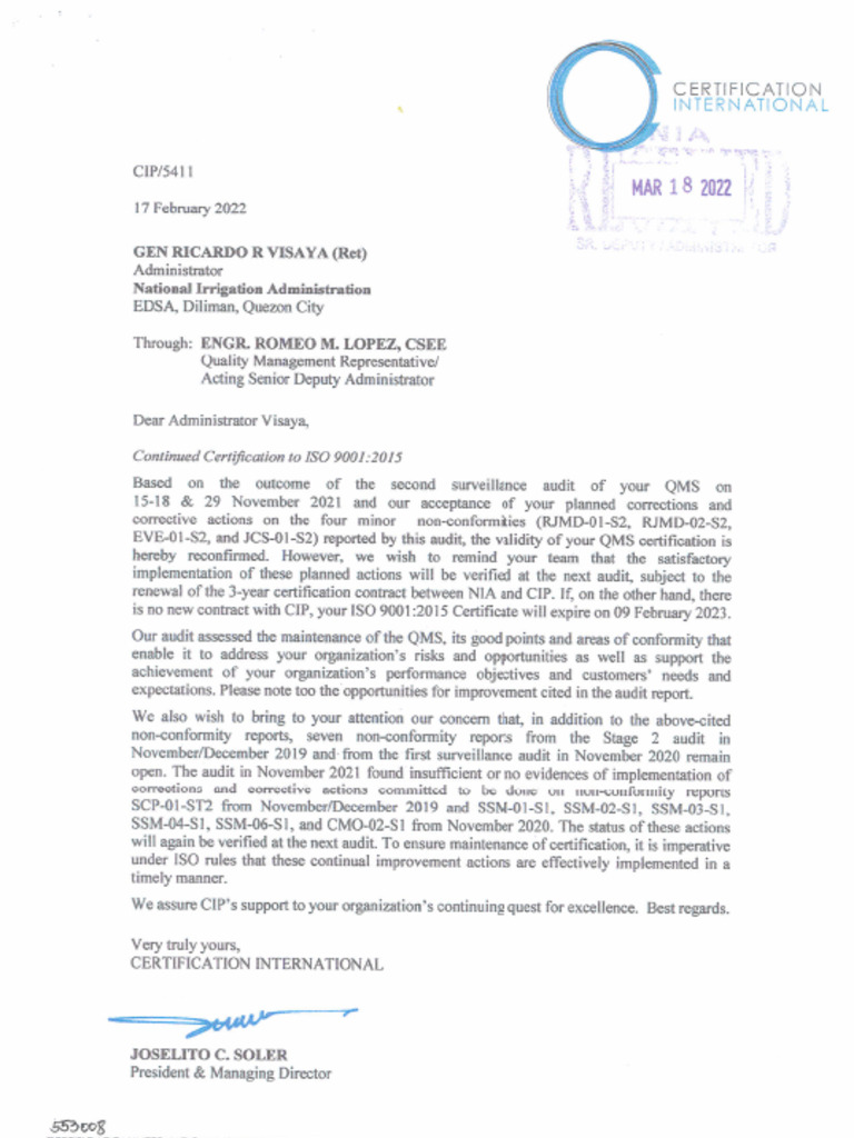 Nia Iso 9001 2015 Certificate 2021 - 1 | PDF