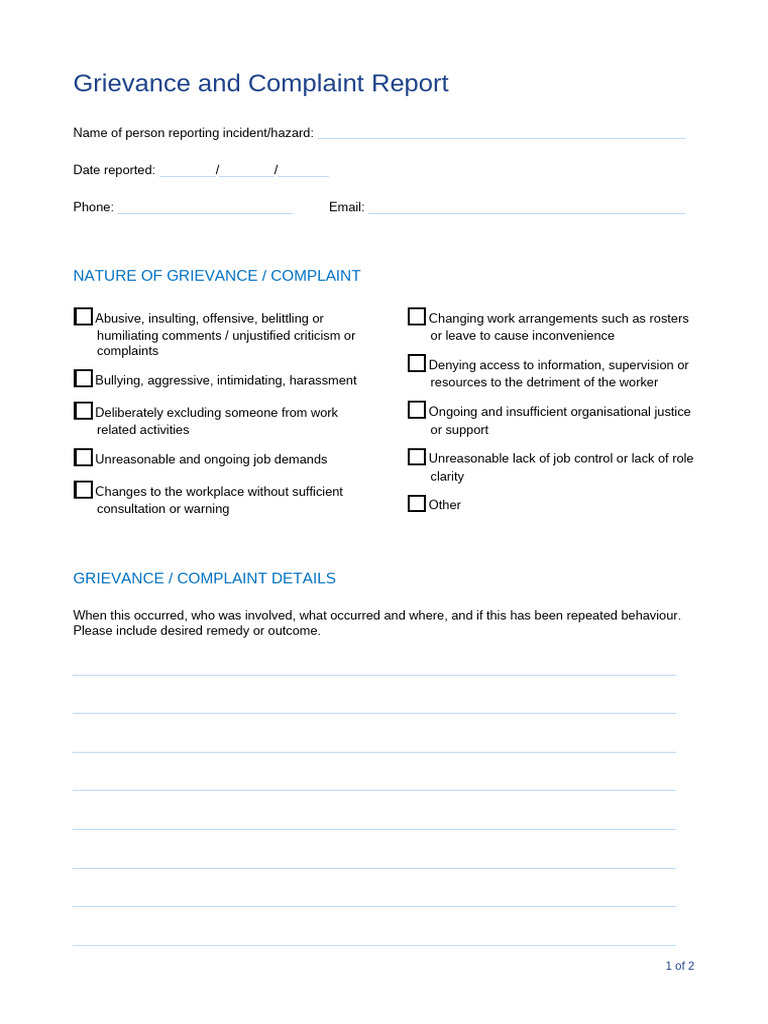 Grievance and Complaint Report Form | PDF