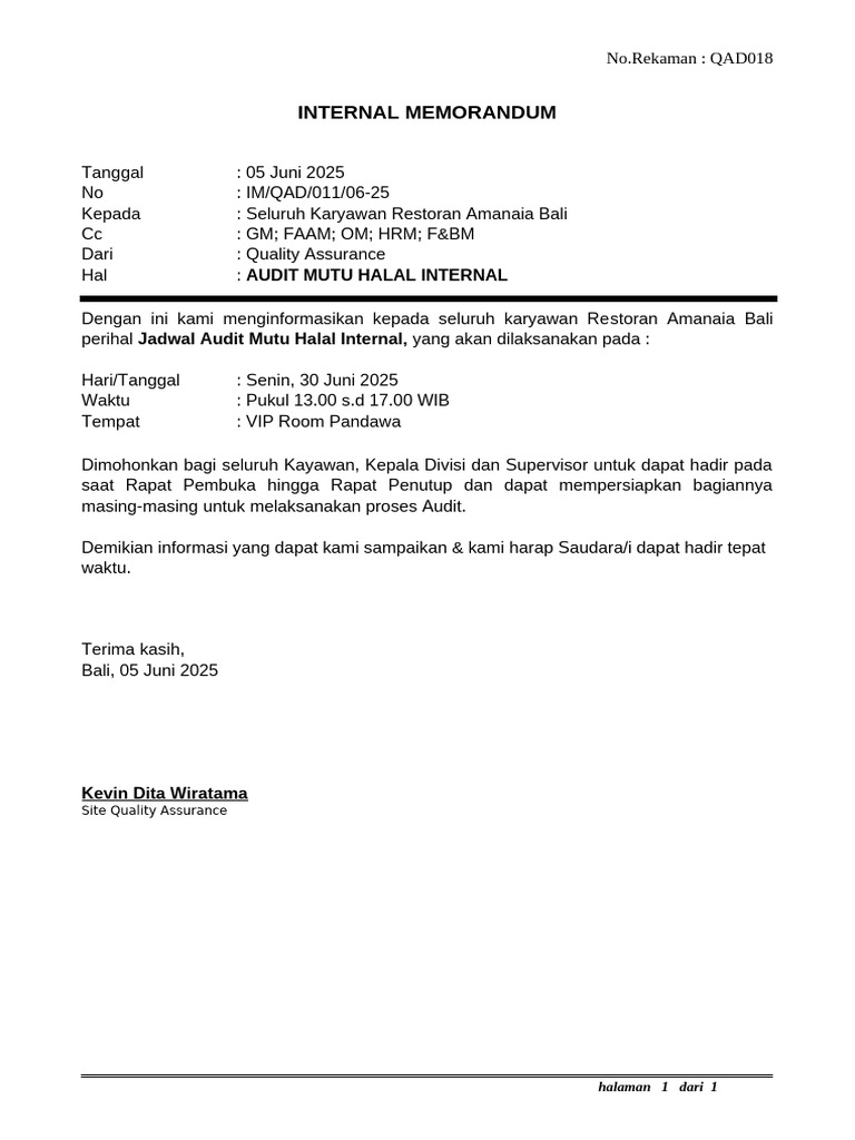 Audit Mutu Halal Internal Restoran Amanaia | PDF