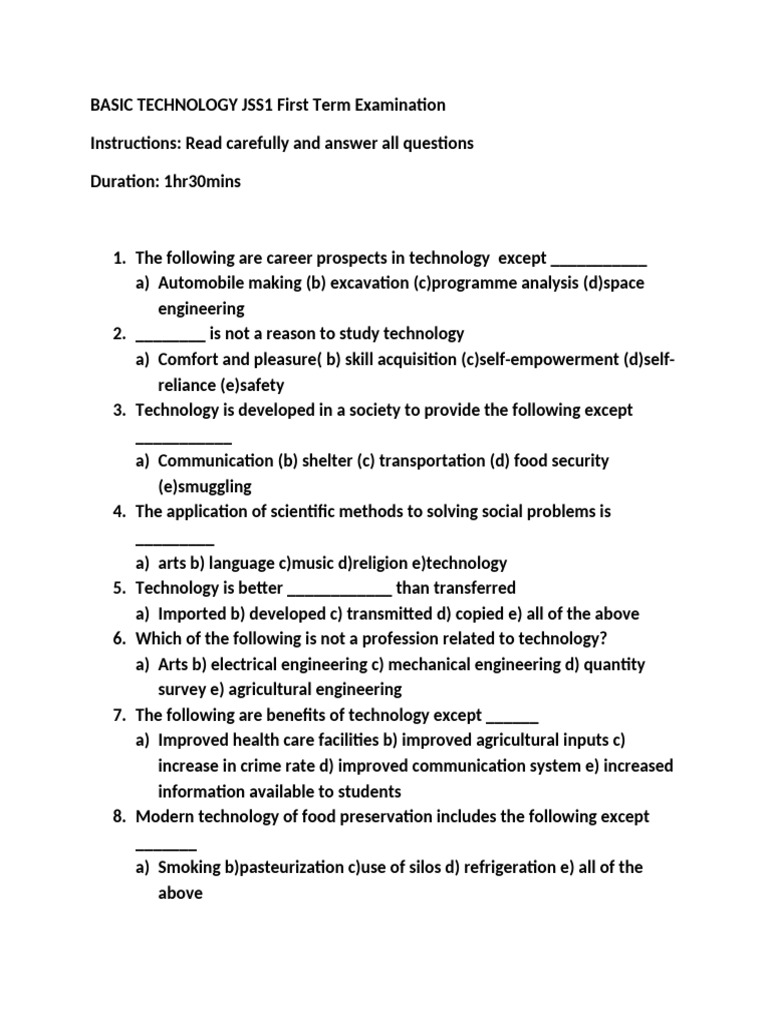 JSS1 Basic Technology Exam Questions | PDF | Ductility | Metals