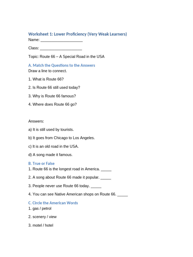Route66 Differentiated Worksheets | PDF