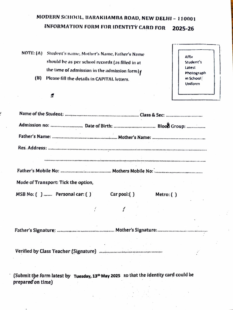 Identity Card Information Form 2025 | PDF