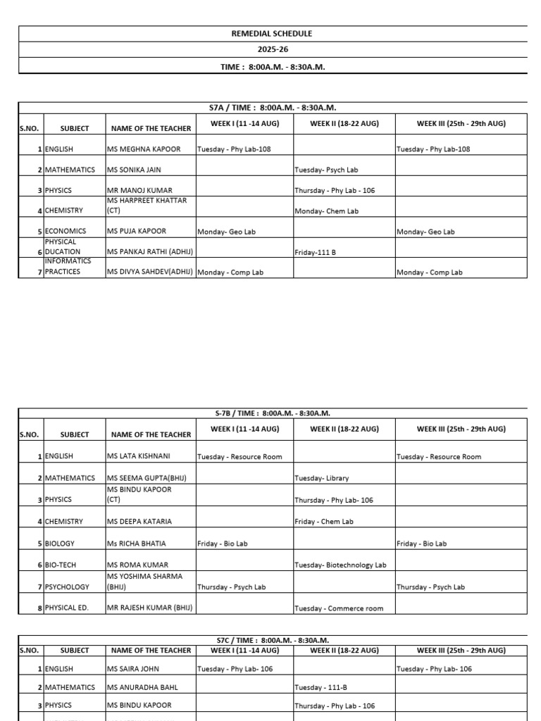 Weekly Class Schedule 2025-26 | PDF