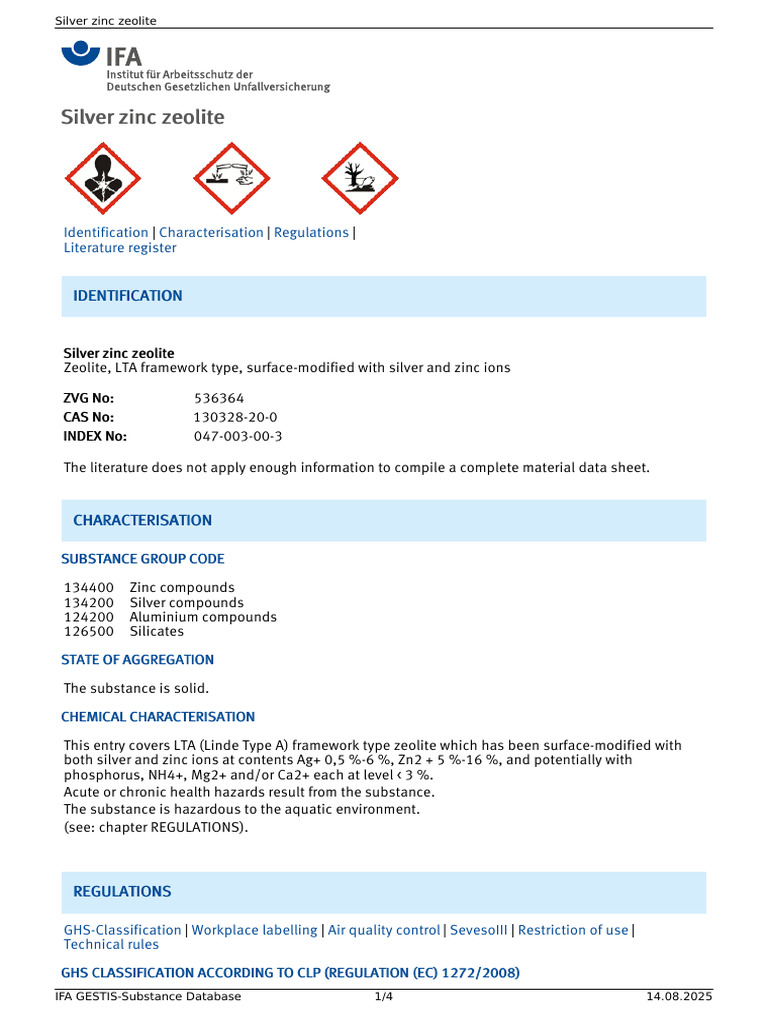 Silver Zinc Zeolite: Identification & Regulations | PDF | Zeolite ...