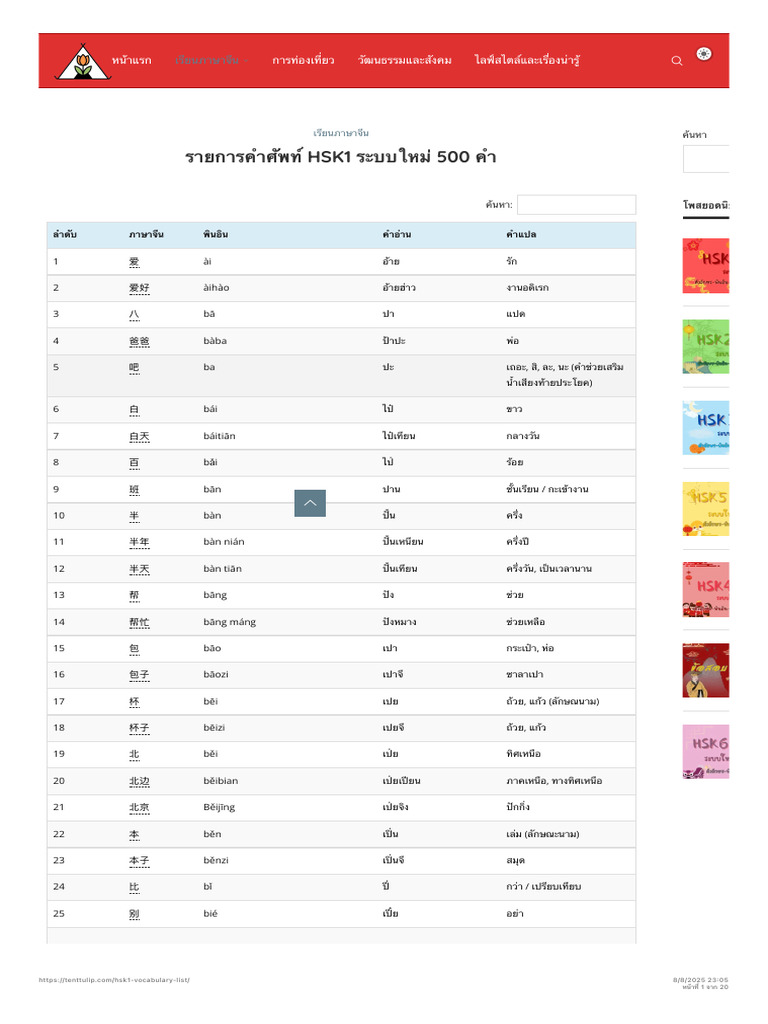 รายการคำศัพท์ HSK1 ระบบใหม่ 500 คำ - tenttulip | PDF