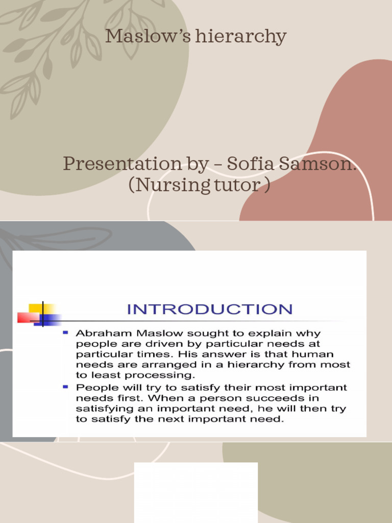 Maslow's Hierarchy: Presentation by Sofia Samson. (Nursing Tutor) | PDF