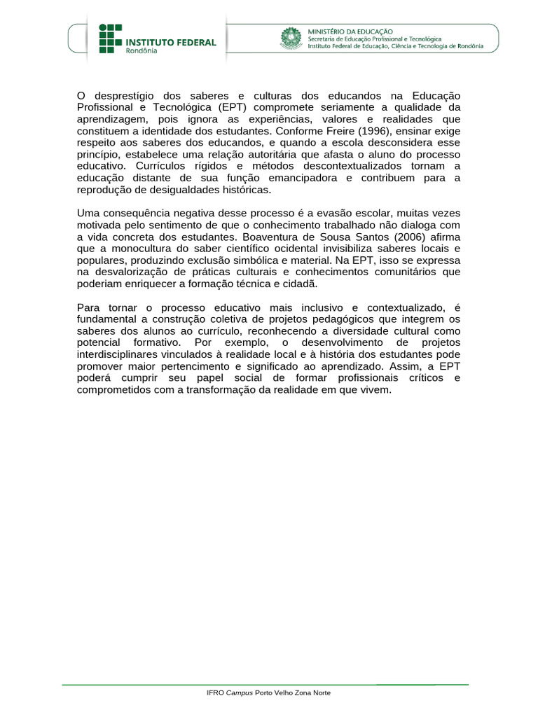 Valorização dos Saberes na EPT | PDF
