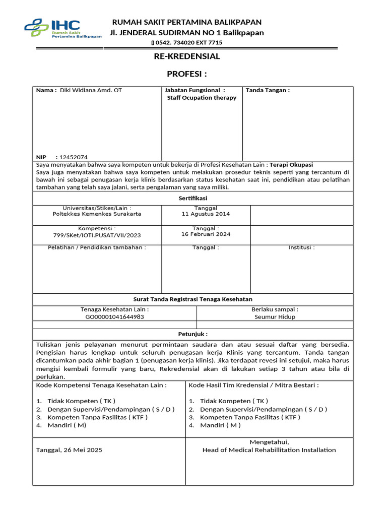 FORMULIR RKK Okupasi Terapi | PDF