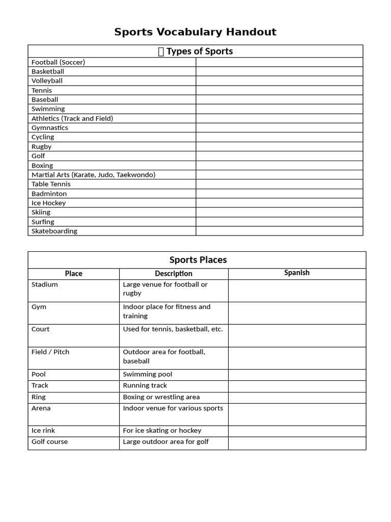 Sports Vocabulary Handout | PDF | Referee | Sports