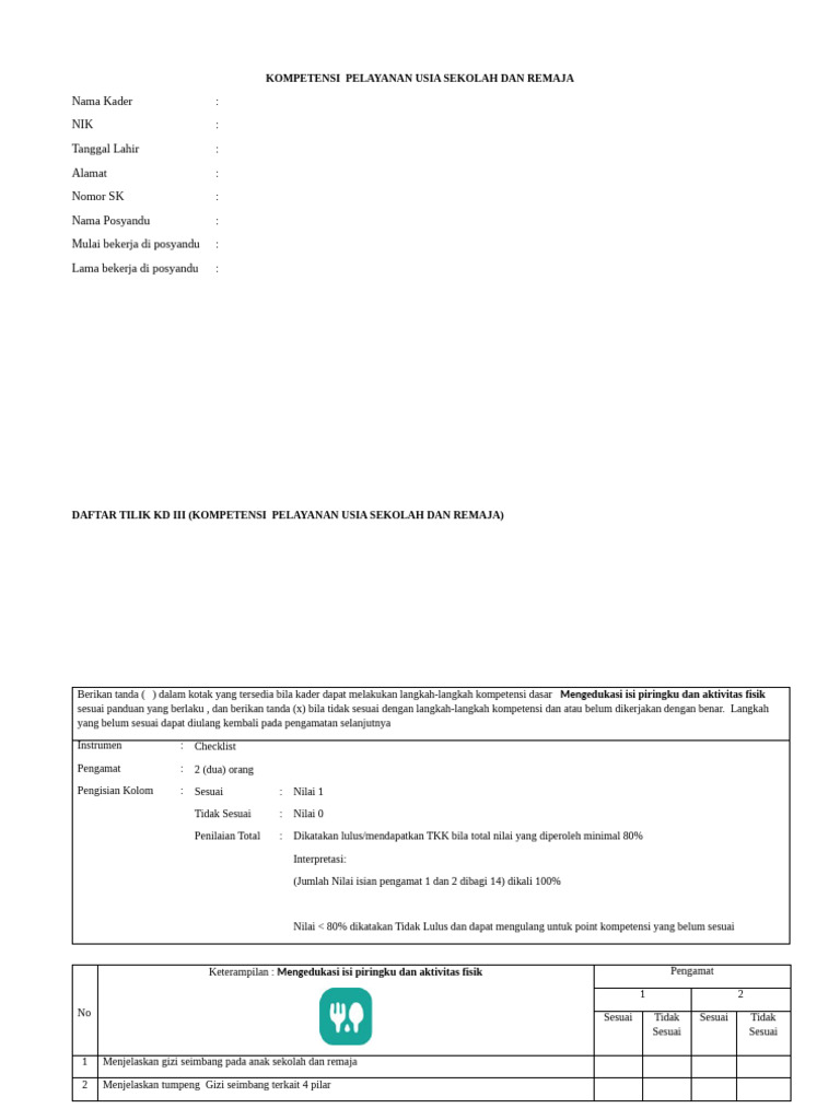 Daftar Tilik Kompetensi Pelayanan Usia Sekolah Dan Remaja | PDF