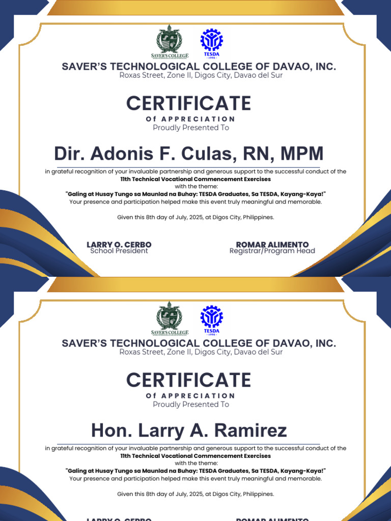 TESDA Graduation Appreciation Certificate | PDF | Career And Technical ...