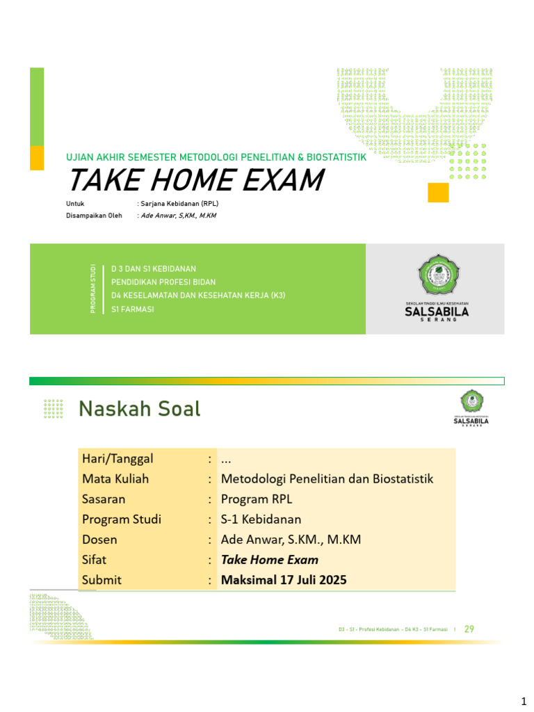 UAS Metlit Biostatistik RPL - Take Home Exam | PDF
