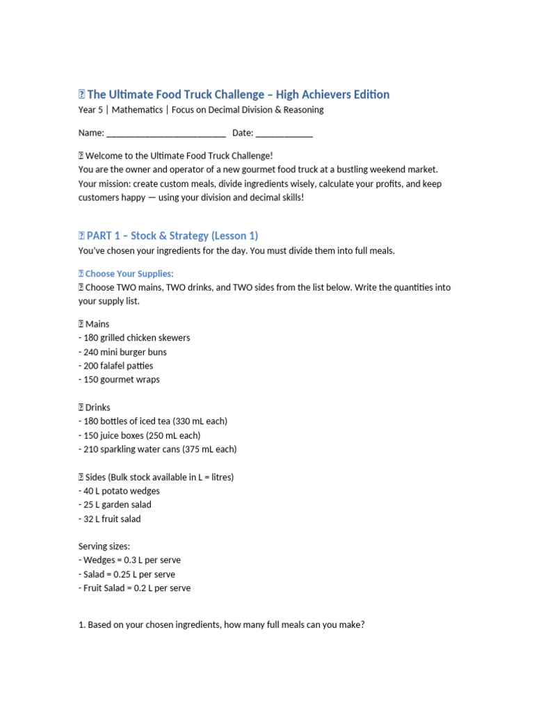 Food Truck Math Challenge | PDF | Meal | Prices