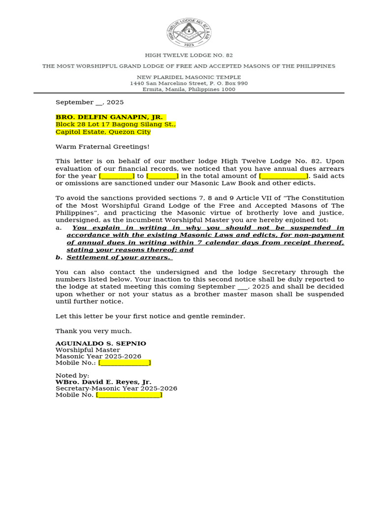 Dues Arrears Notice to Bro. Delfin Ganapin Jr. | PDF