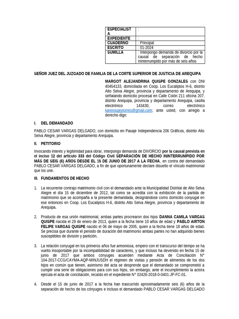 Demanda de divorcio_Margot | PDF | Divorcio | Esposa