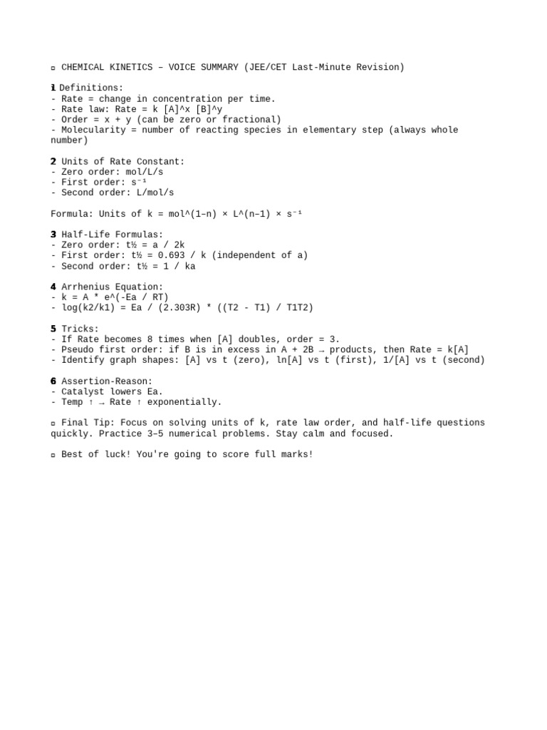 Chemical Kinetics Revision Notes | PDF