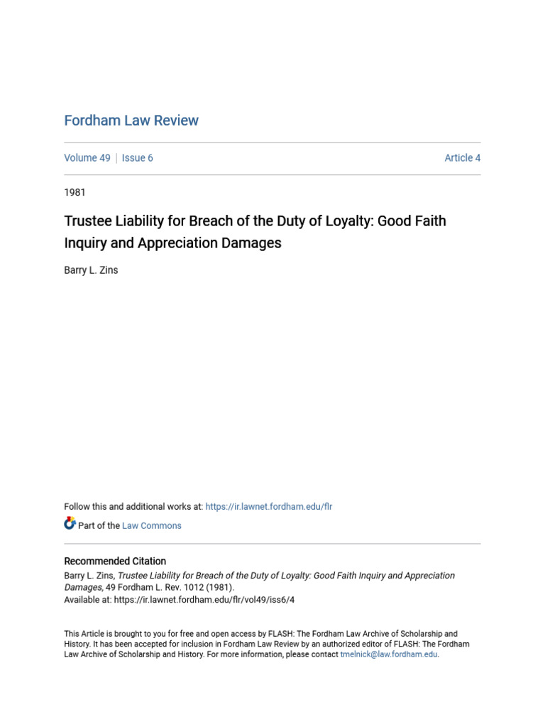 Trustee Liability For Breach of The Duty of Loyalty Good Faith Inquiry ...