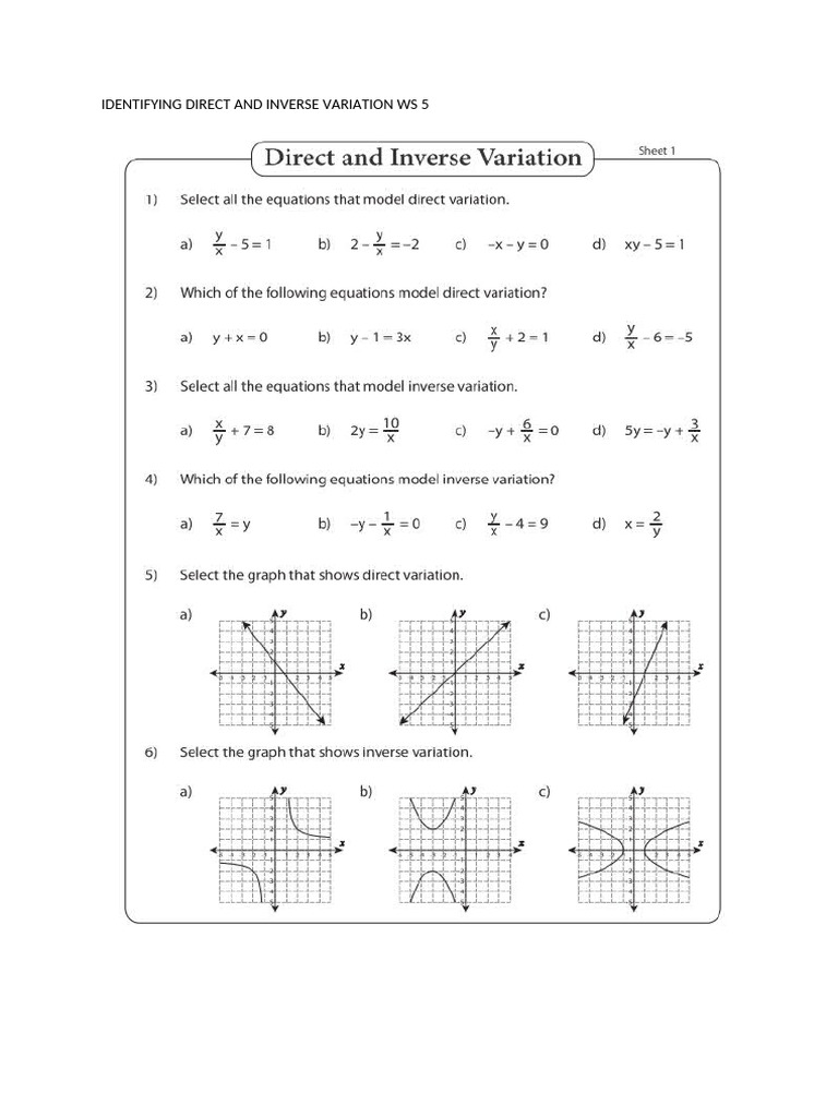 Identifying Direct and Inverse Variation WS 5 | PDF