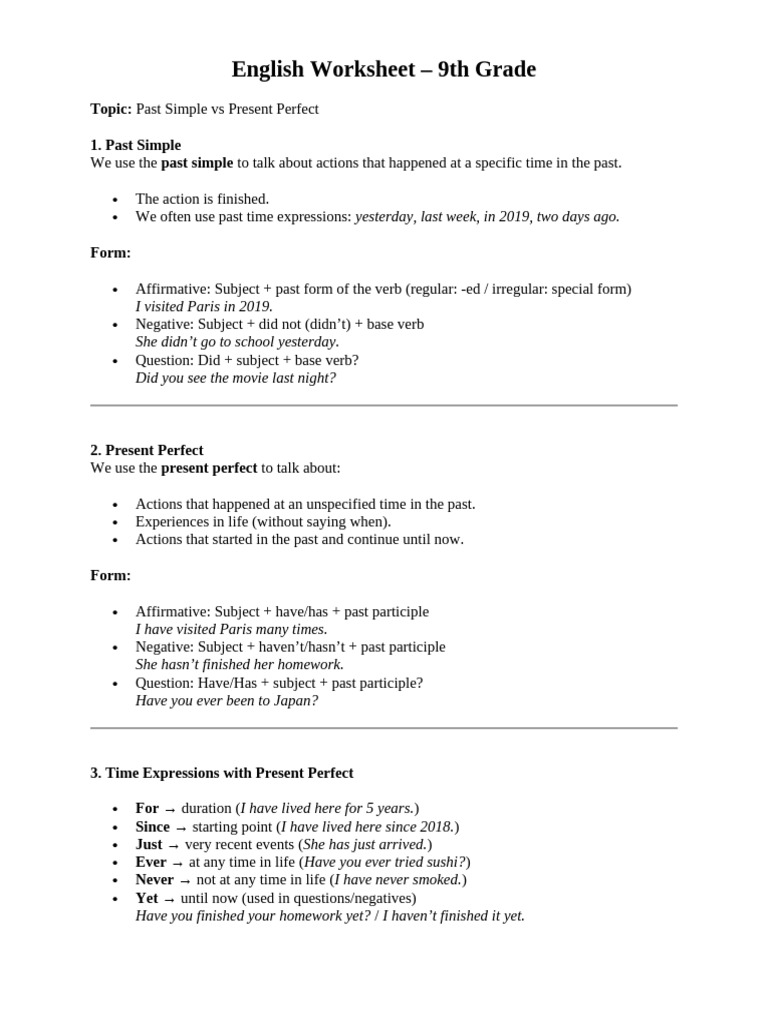 English Worksheet ninth grade august 14 | PDF | Verb | Grammar