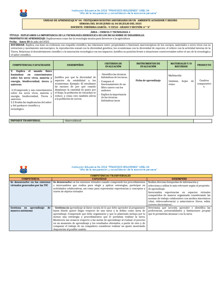 AdA 1 Cy T - P S UdA 4 Sexto Grado | PDF | Aprendizaje | Imperio Inca