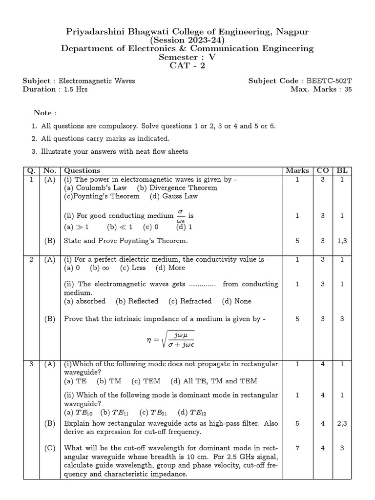 CAT 2 Paper 2023 24 EMW | PDF | Antenna (Radio) | Oscillation