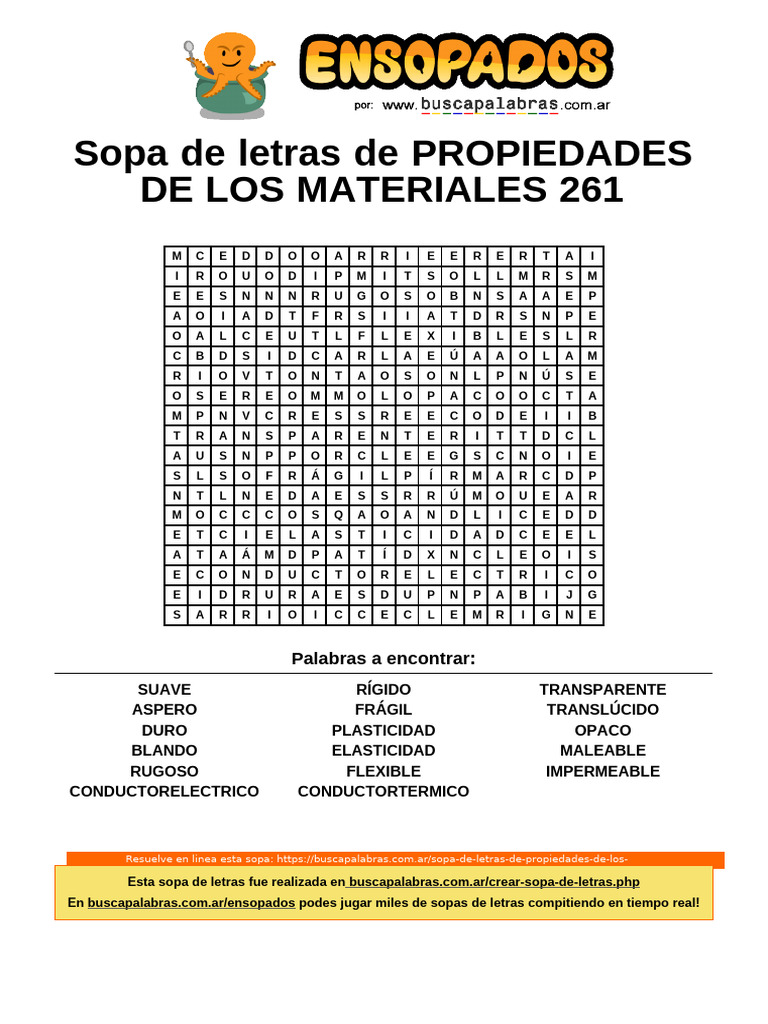 Sopa de Letras de Propiedades de Los Materiales - 261 | PDF | Física ...