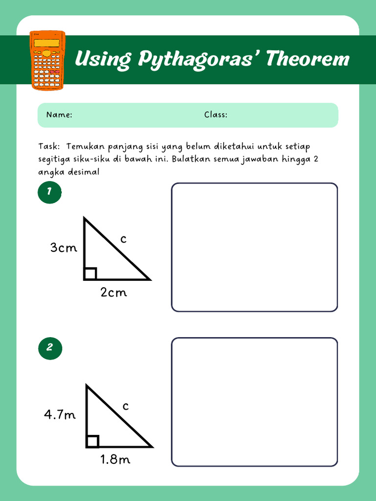 Using Pythagoras' Theorem Maths Digital Worksheet in in Green Orange ...