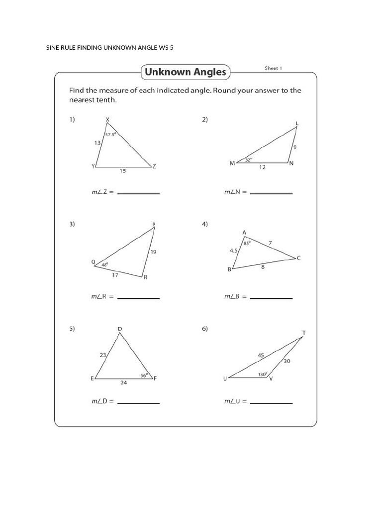Sine Rule Finding Unknown Angle WS 5 | PDF