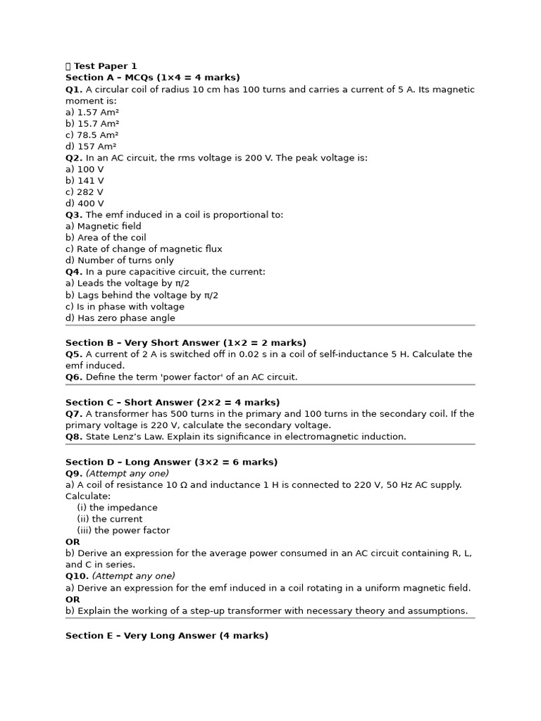 Physics Test Papers on AC Circuits | PDF | Inductor | Transformer