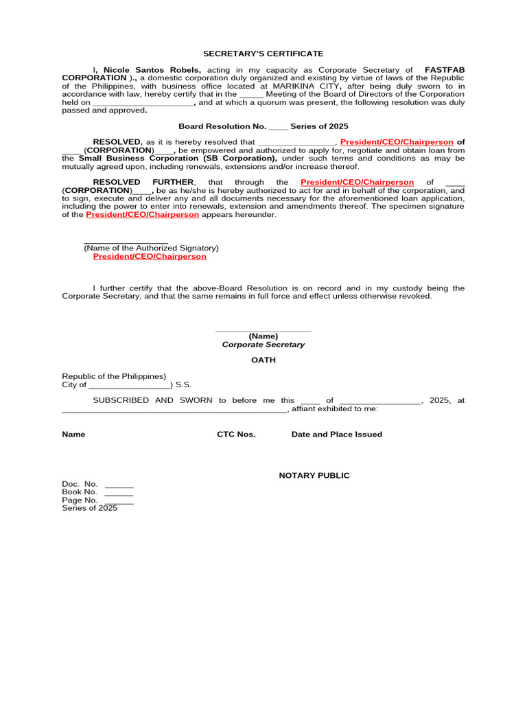Secretary Certificate Template For Corporation and Cooperative SB Corporation V 4 | PDF